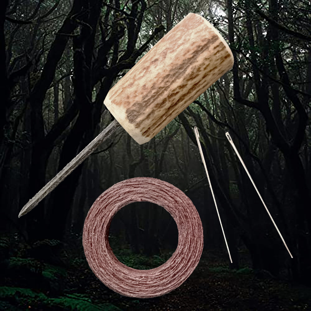 Leather Viking Sewing Kit with Birch Wood Awl, Needles & Linen Thread