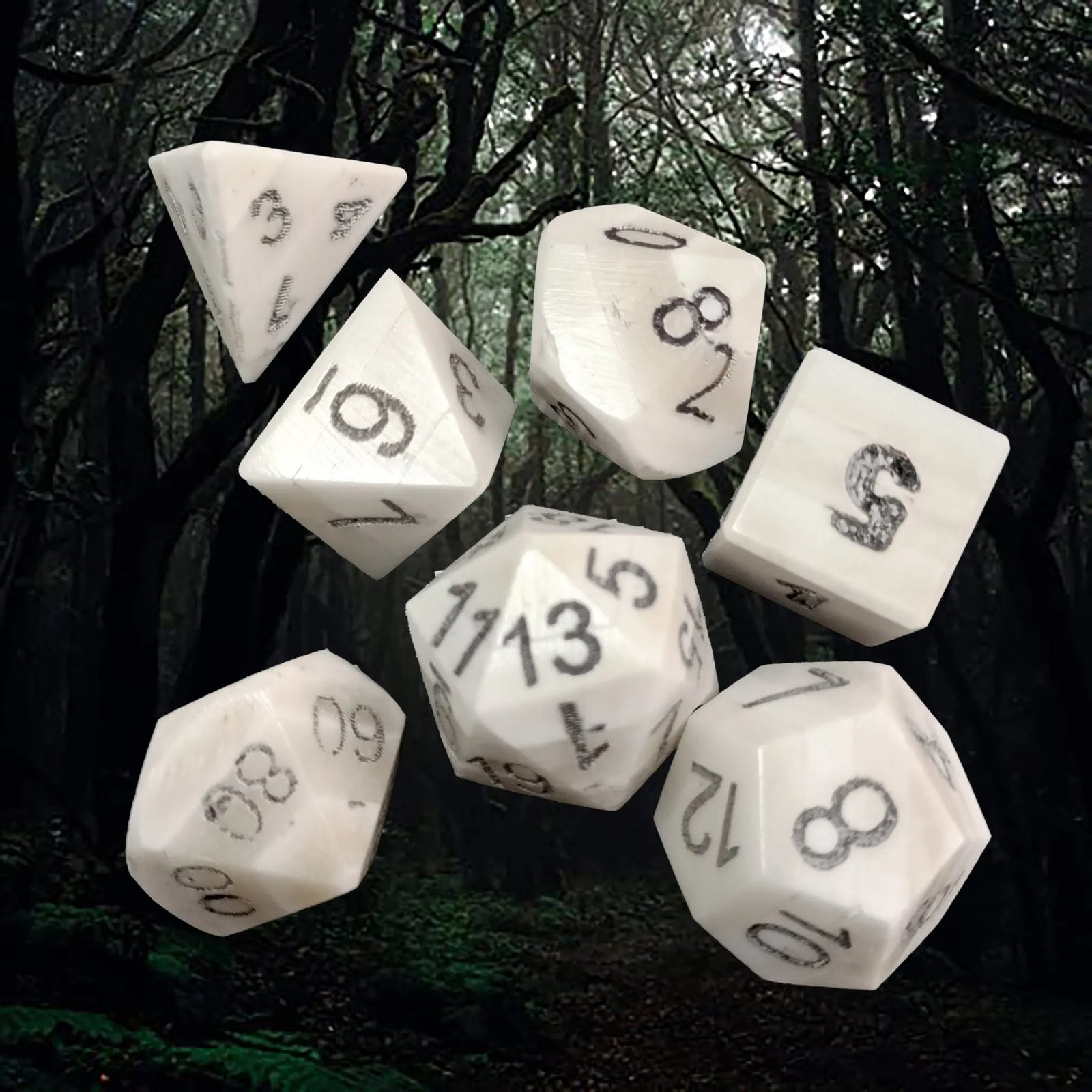 Full Set of 7 Large Cow Bone DnD Dice with Hessian Pouch