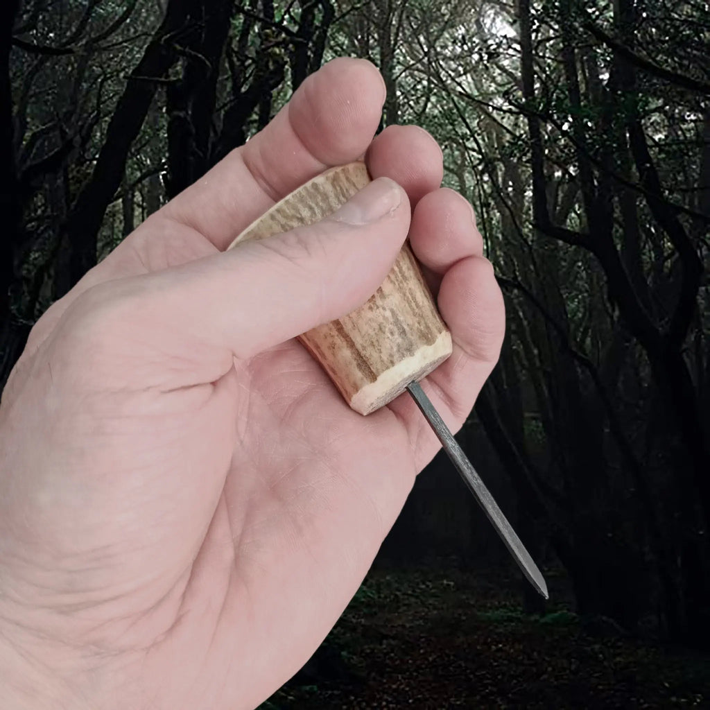Handmade Awl with Red Deer Antler Handle - Viking Leather Crafts