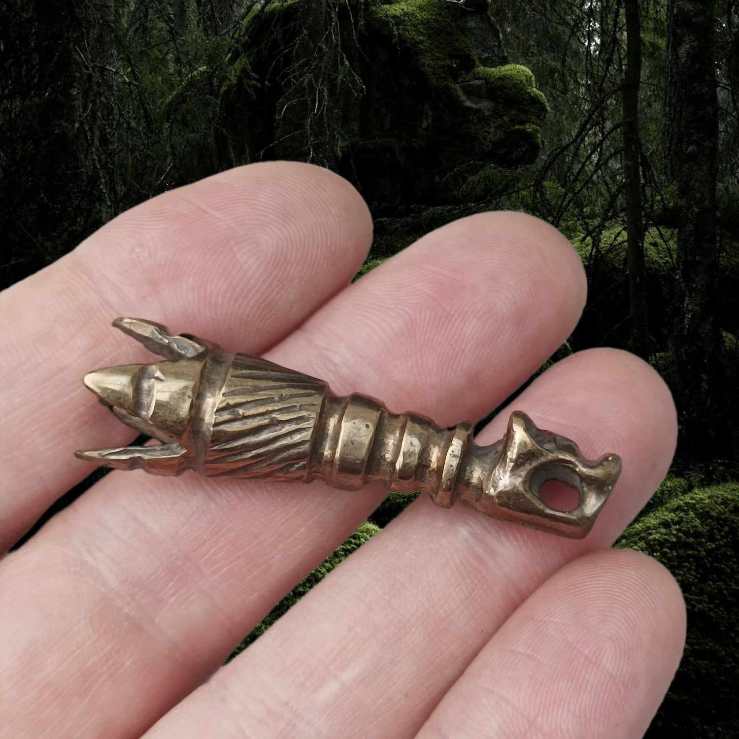 Small Bronze Viking Drinking Horn Finial with Wolf Head