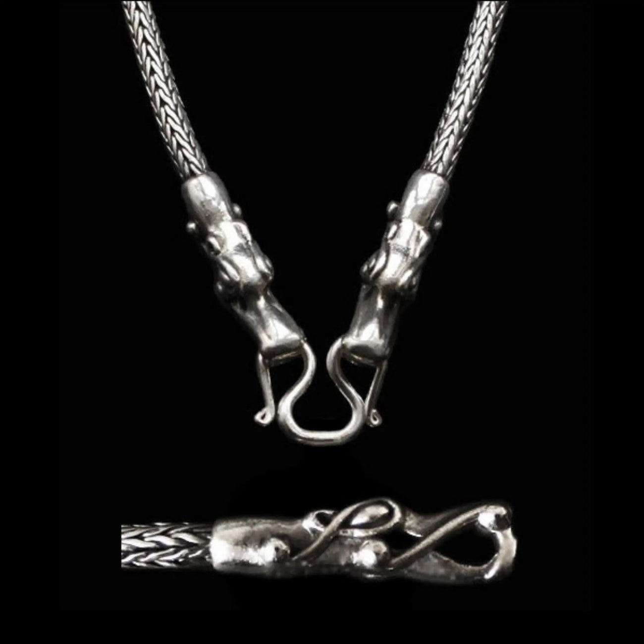 Slim Silver Snake Chain Necklace with Tromso Dragon Heads
