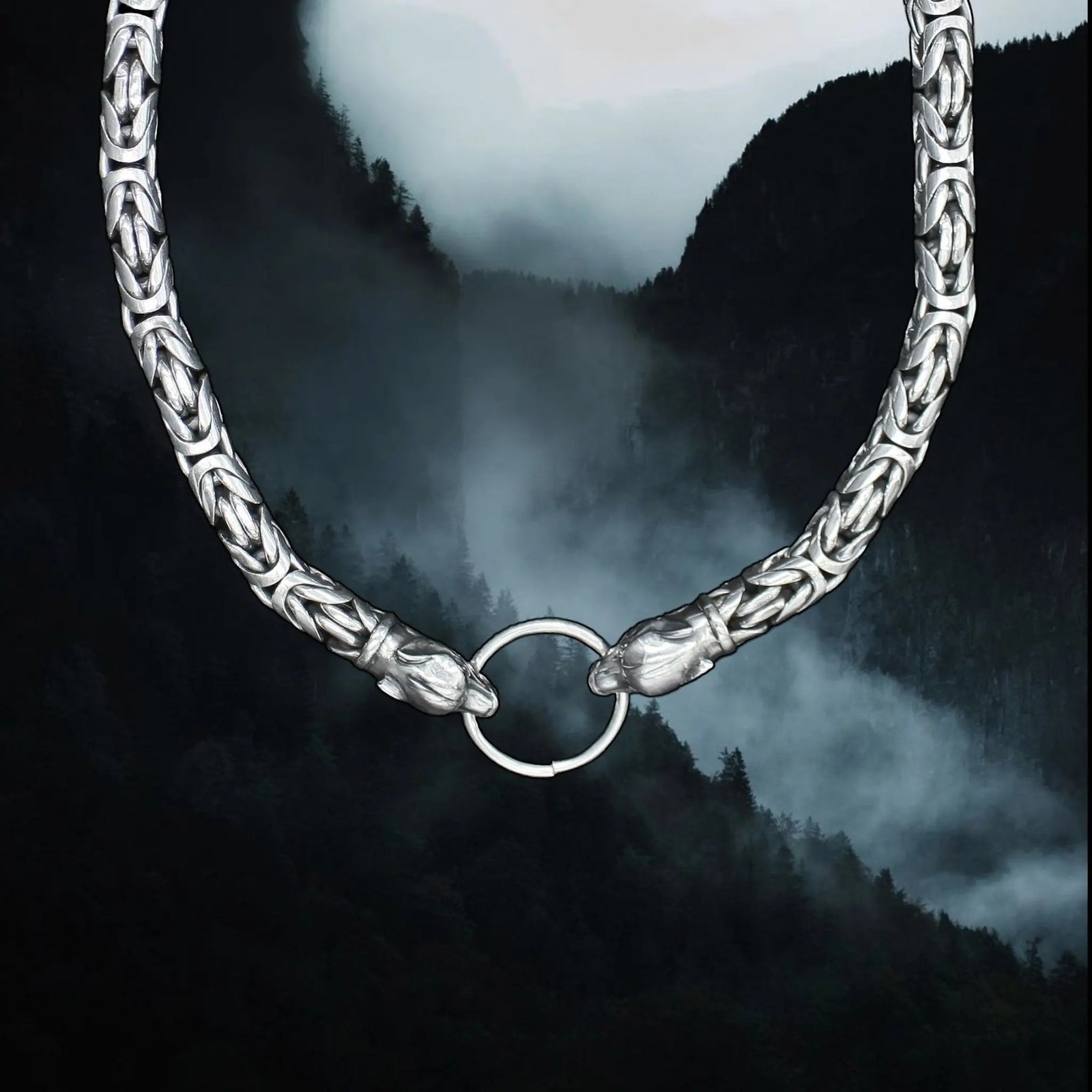 10mm Silver King Chain Necklace with Ferocious Wolf Heads