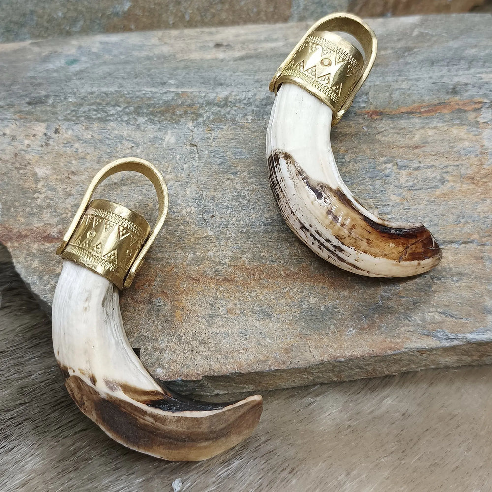 Boar Tusk Pendant with Embossed Brass Hanger - Viking Jewelry