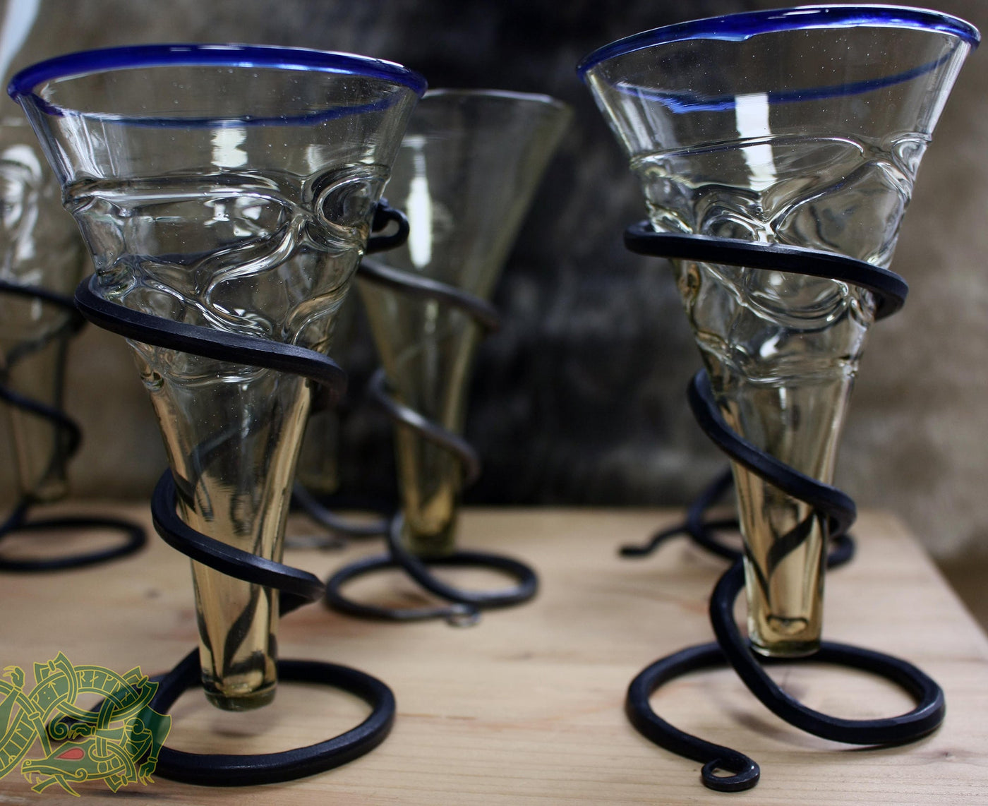 Blue Rim Decorated Glass Viking Cone Beaker with Iron Stand