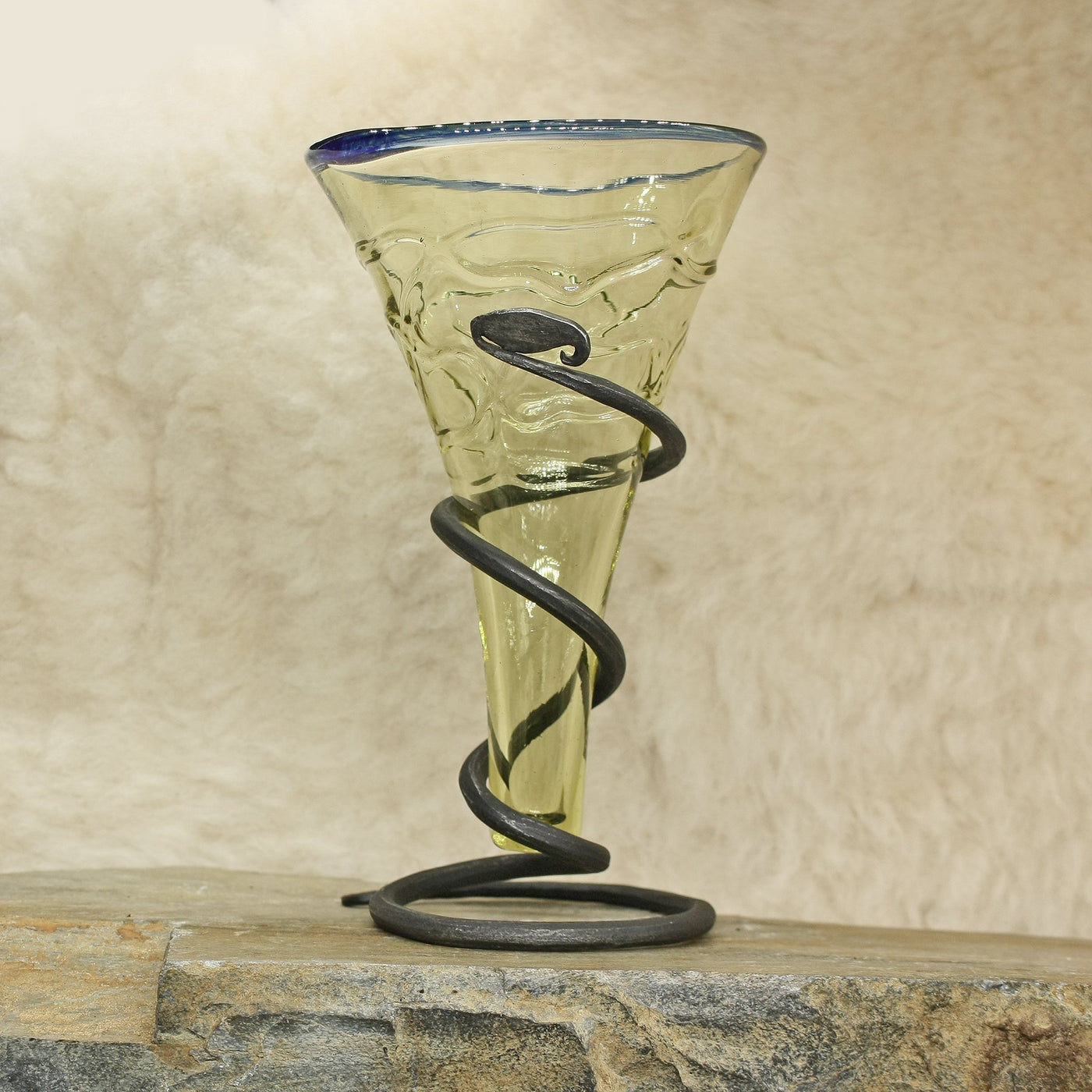 Blue Rim Decorated Glass Viking Cone Beaker with Iron Stand